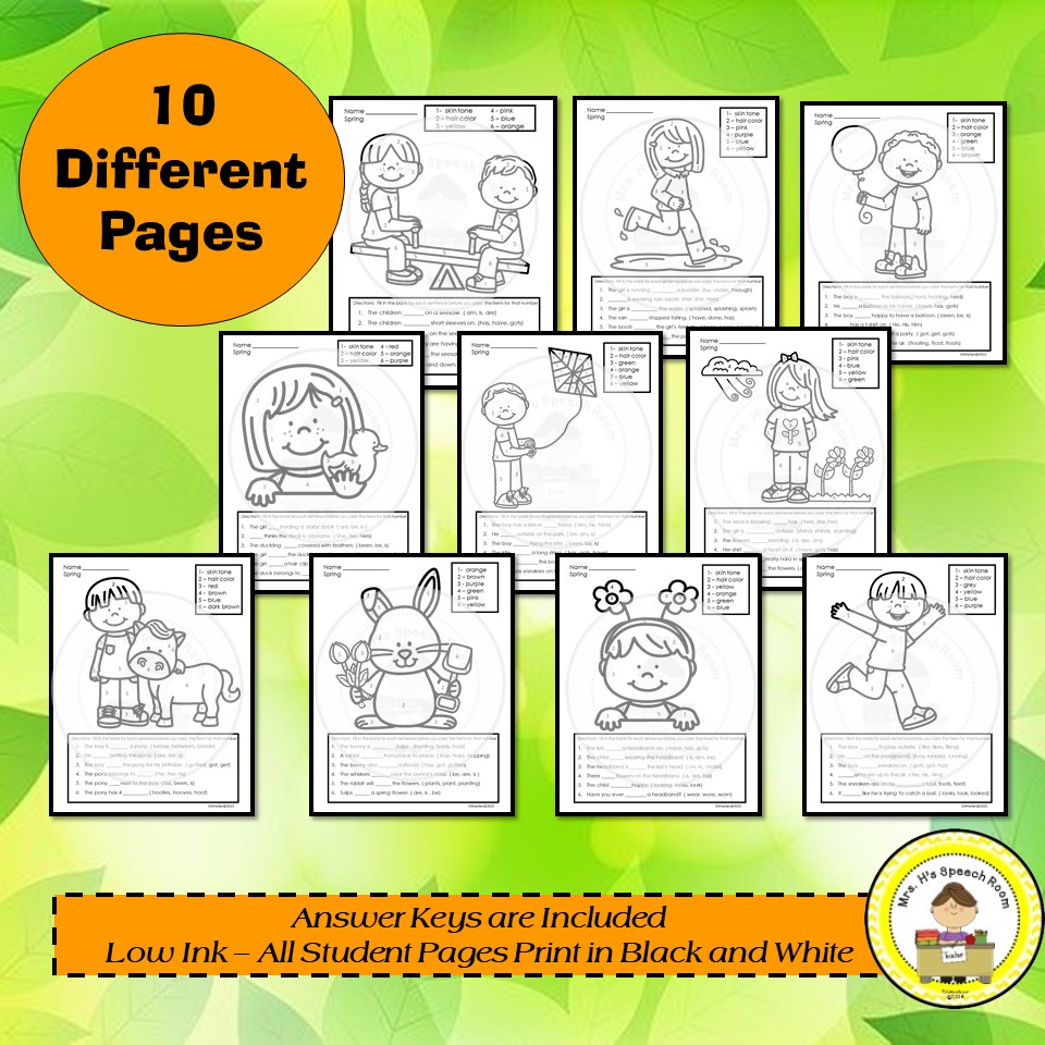 Spring Speech Therapy Grammar Color by Code for Elementary Language ...