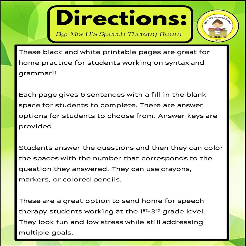Spring Speech Therapy Grammar Color by Code for Elementary Language ...
