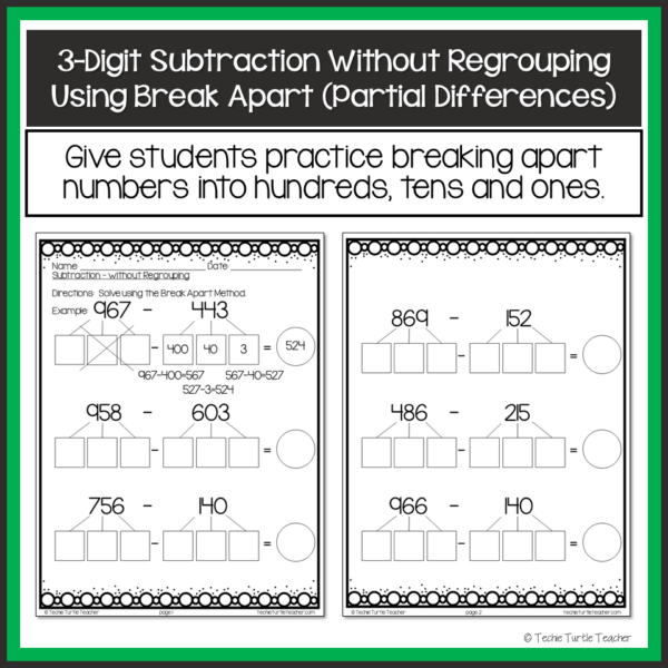 3-Digit Subtraction without Regrouping Bundle Base Ten, Break Apart ...