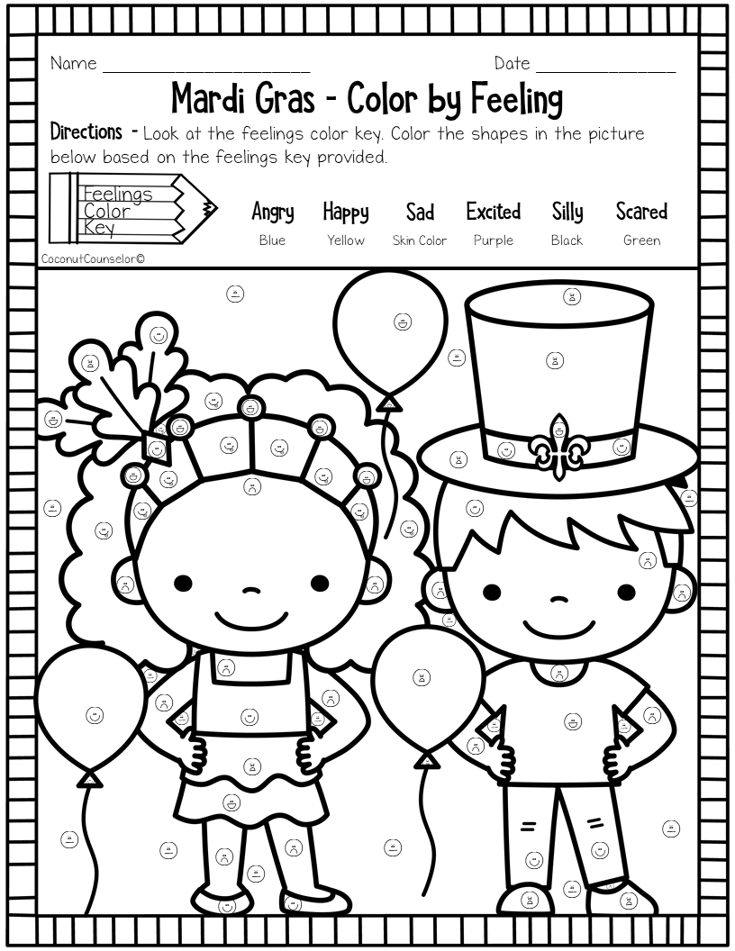 Mardi Gras Color by Feeling Worksheets | Made By Teachers