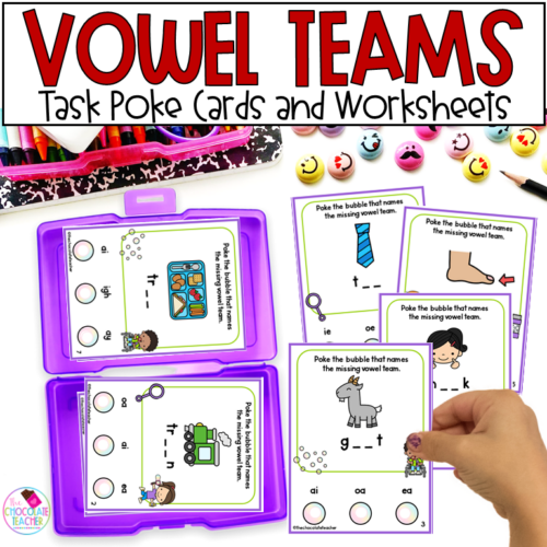 Vowel Teams - Long Vowels - Phonics Worksheets - Poke Task Cards | Made ...