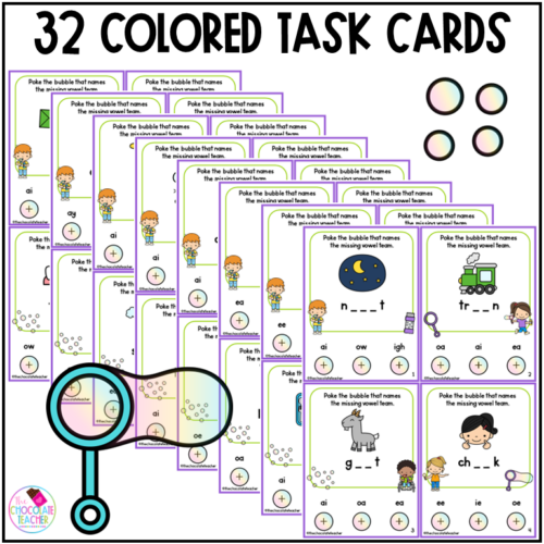 Vowel Teams - Long Vowels - Phonics Worksheets - Poke Task Cards | Made ...