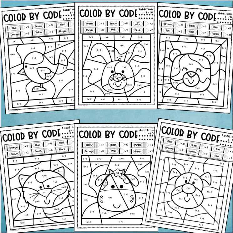 Color by Code Math Numbers 1-10 Addition Fluency Animals | Made By Teachers