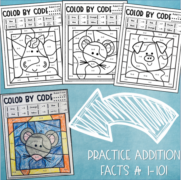 Color by Code Math Numbers 1-10 Addition Fluency Animals - Made By Teachers