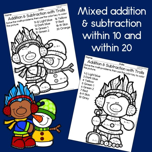 Winter Trolls Addition and Subtraction Within 20 No Prep Worksheets ...