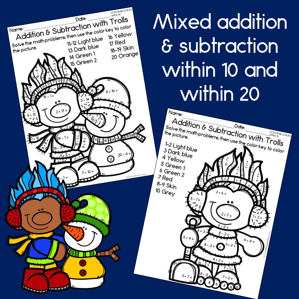 Winter Trolls Addition and Subtraction Within 20 No Prep Worksheets ...