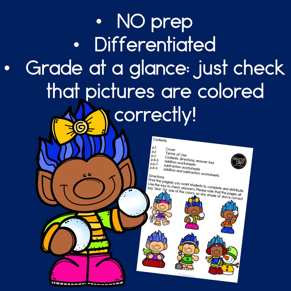Winter Trolls Addition and Subtraction Within 20 No Prep Worksheets ...