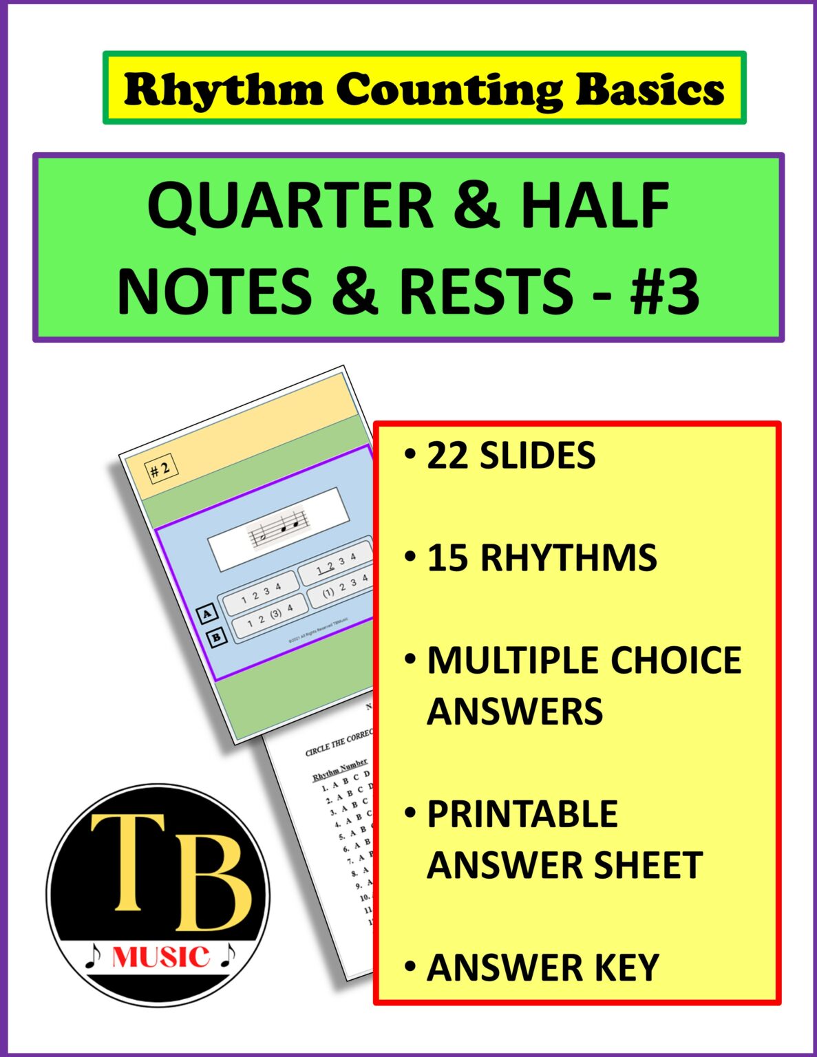 COUNTING RHYTHMS: Quarter & Half Notes & Rests #3 | Made By Teachers