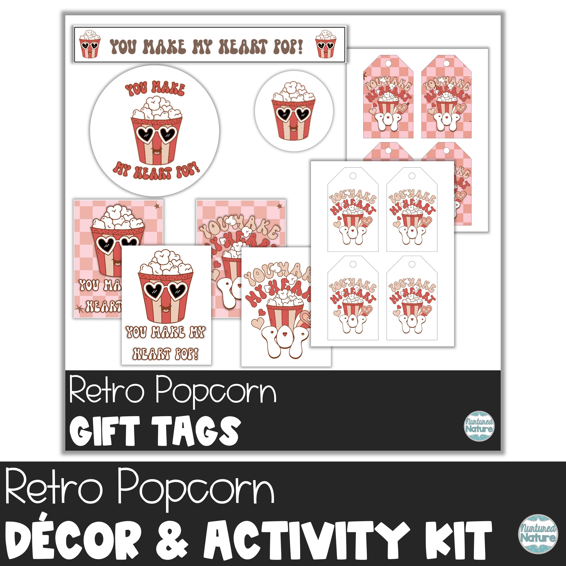 Retro Popcorn Valentine’s Day Door Display and Gift Tags Bundle | Made ...