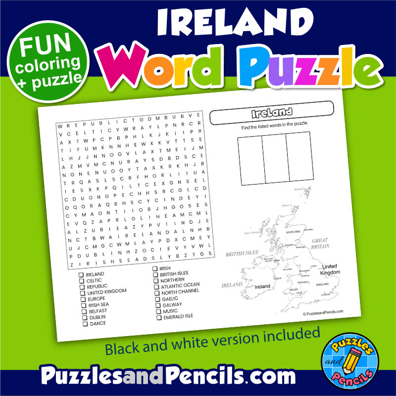 Ireland Word Search Puzzle and Coloring | Irish Wordsearch | Made By ...