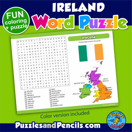 Ireland Word Search Puzzle and Coloring | Irish Wordsearch | Made By ...