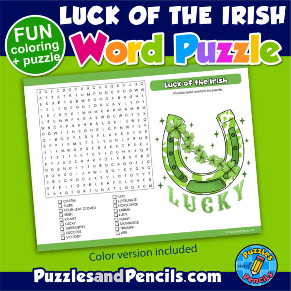 Luck of the Irish Word Search Puzzle and Coloring | St Patrick's Day ...