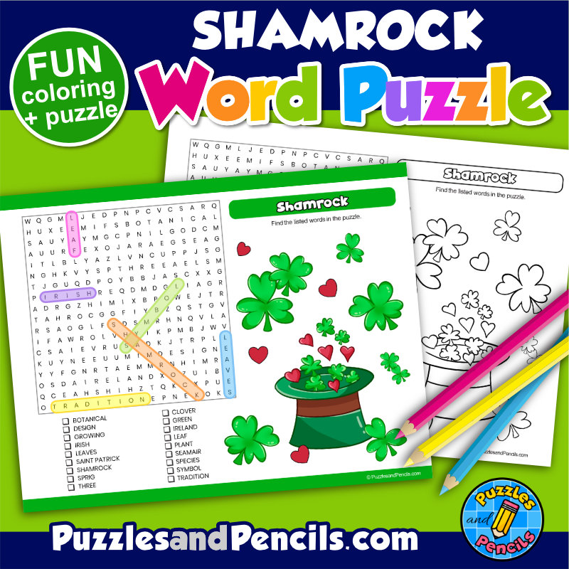 Shamrock Word Search Puzzle and Coloring | St Patrick's Day Wordsearch ...