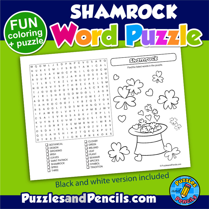 Shamrock Word Search Puzzle and Coloring | St Patrick's Day Wordsearch ...
