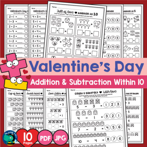 Valentine’s Day Addition & Subtraction Within 10 Worksheets | Hearts ...