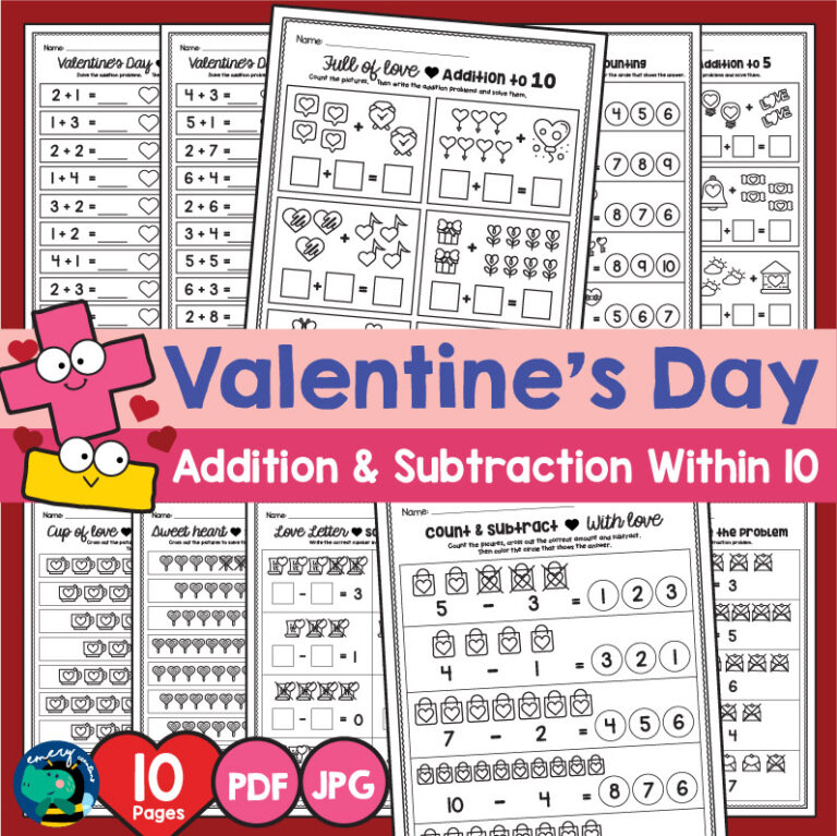 Valentine’s Day Addition & Subtraction Within 10 Worksheets | Hearts ...
