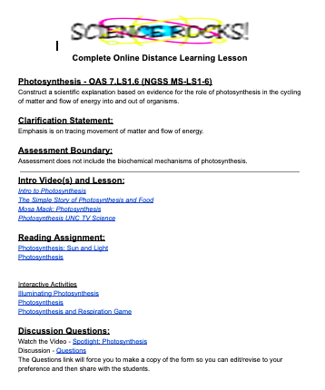 Complete Online Distance Learning Photosynthesis 7.LS1.6, MS-LS1-6 ...