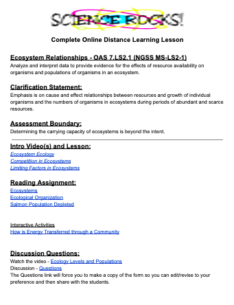 Complete Online Distance Learning Ecosystem Relationships 7.LS2.1, MS ...