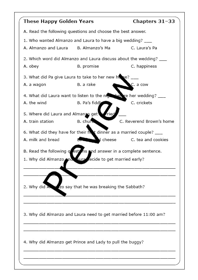 Laura Ingalls Wilder "These Happy Golden Years" worksheets | Made By ...