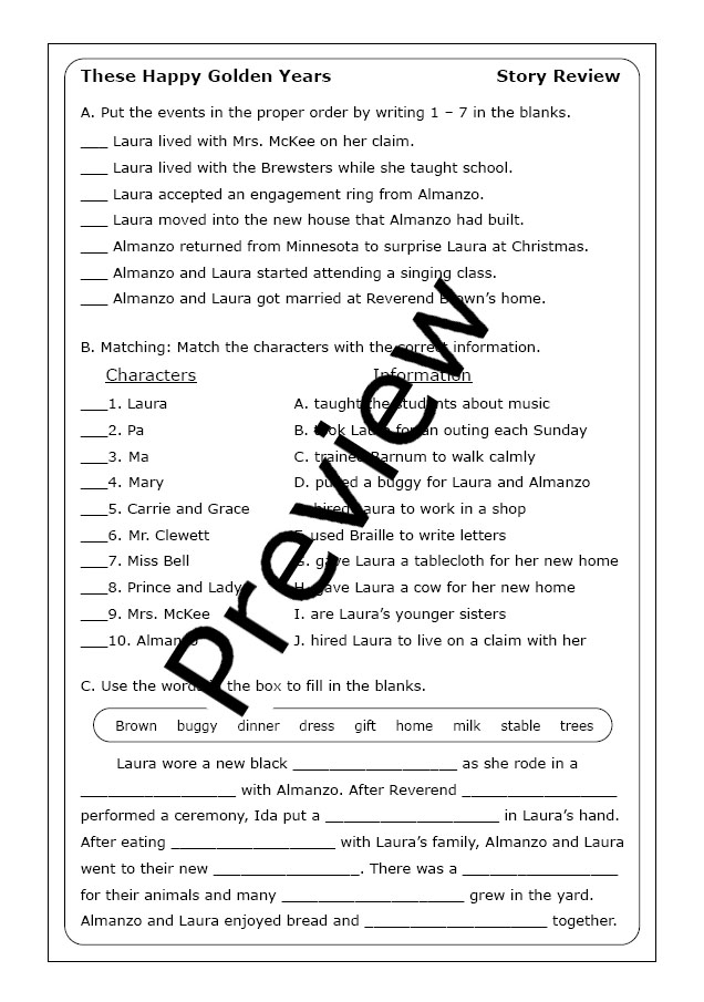 Laura Ingalls Wilder "These Happy Golden Years" worksheets | Made By ...