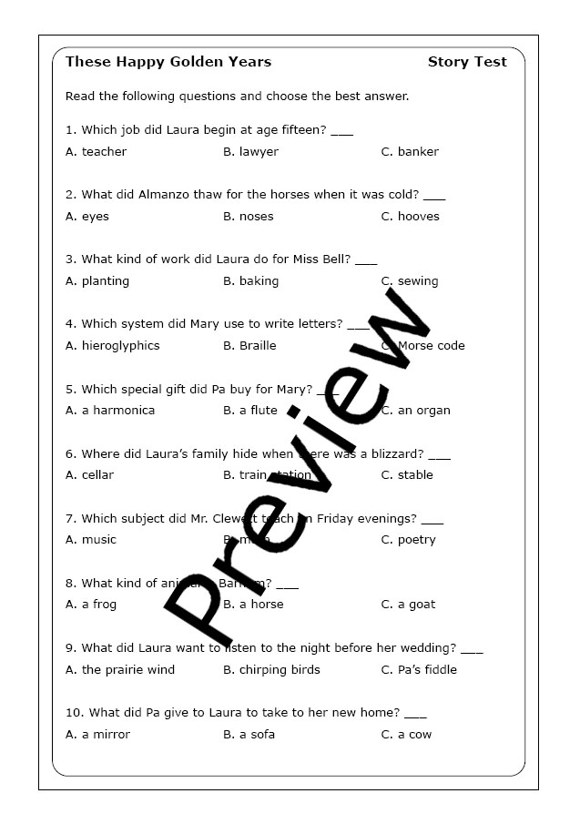 Laura Ingalls Wilder "These Happy Golden Years" worksheets | Made By ...