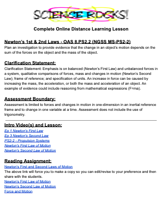 Complete Online Distance Learning Newton's 1st & 2nd Laws 8.PS2.2, MS ...
