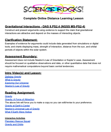 Complete Online Distance Learning Gravitational Interactions 8.PS2.4 ...
