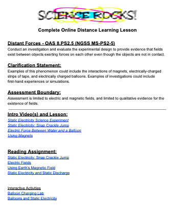 Complete Online Distance Learning Distant Forces 8.PS2.5, MS-PS2-5 ...