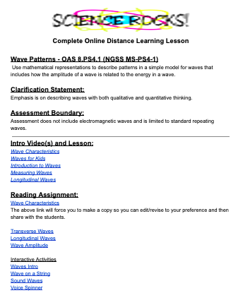 Complete Online Distance Learning Wave Patterns 8.PS4.1, MS-PS4-1 ...
