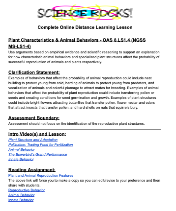 Complete Online Distance Learning Plant/Animal Characteristics 8.LS1.4 ...