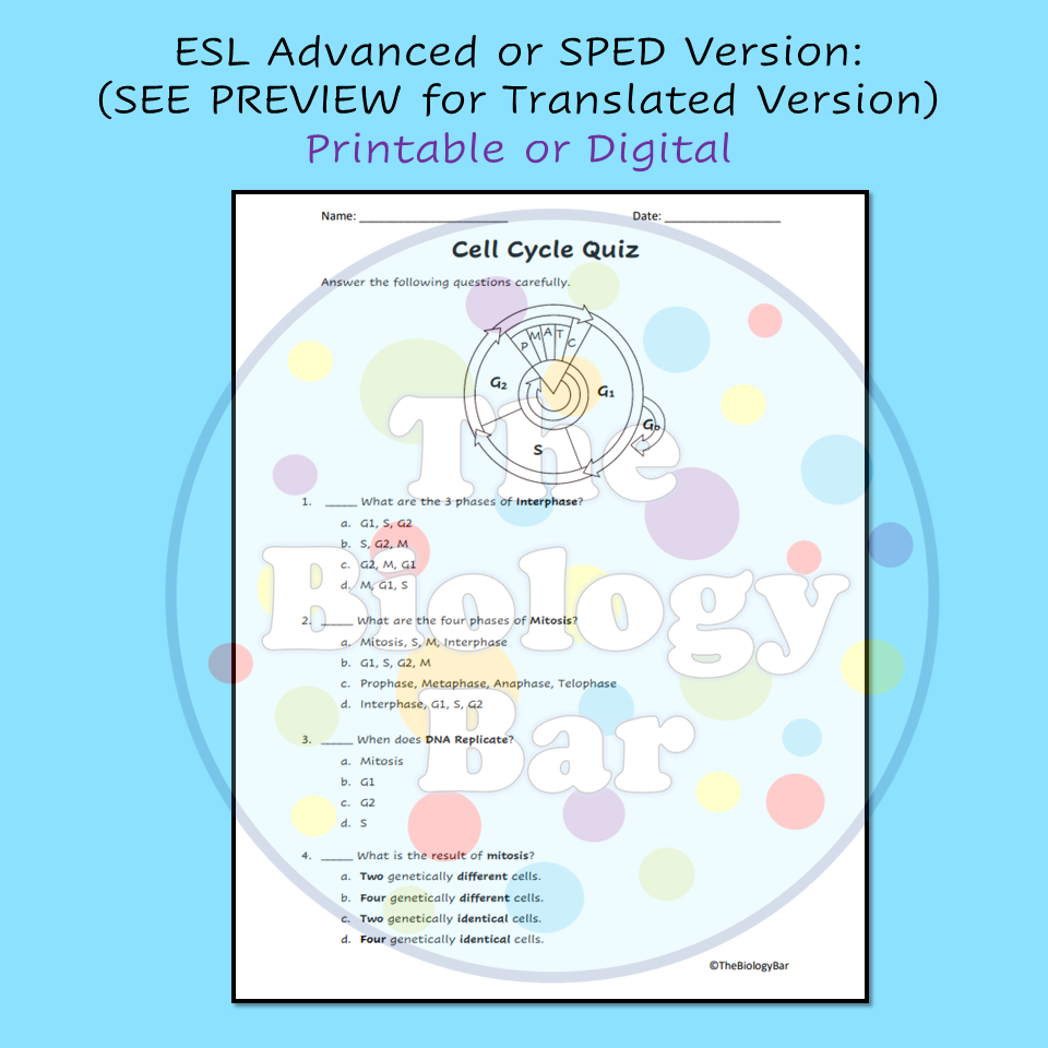 ESL Biology and SPED Cell Cycle Mitosis Quiz | Made By Teachers