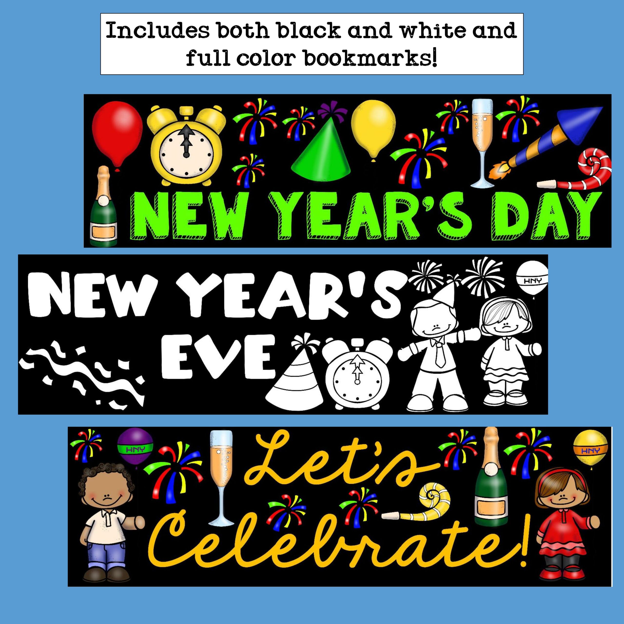 New Year's Day Cut n' Color Bookmarks: Black and White AND Full Color ...
