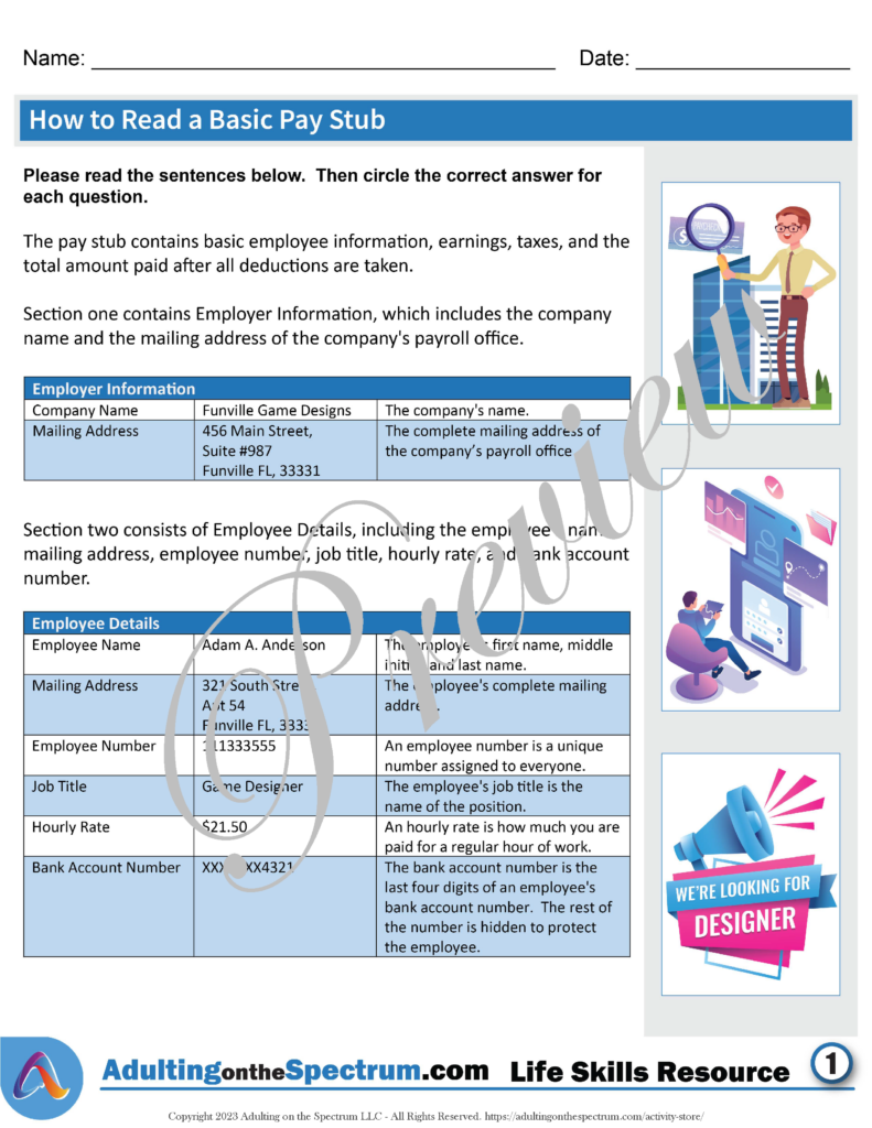How to Read a Basic Pay Stub No-Prep SPED Independent Living Skills ...