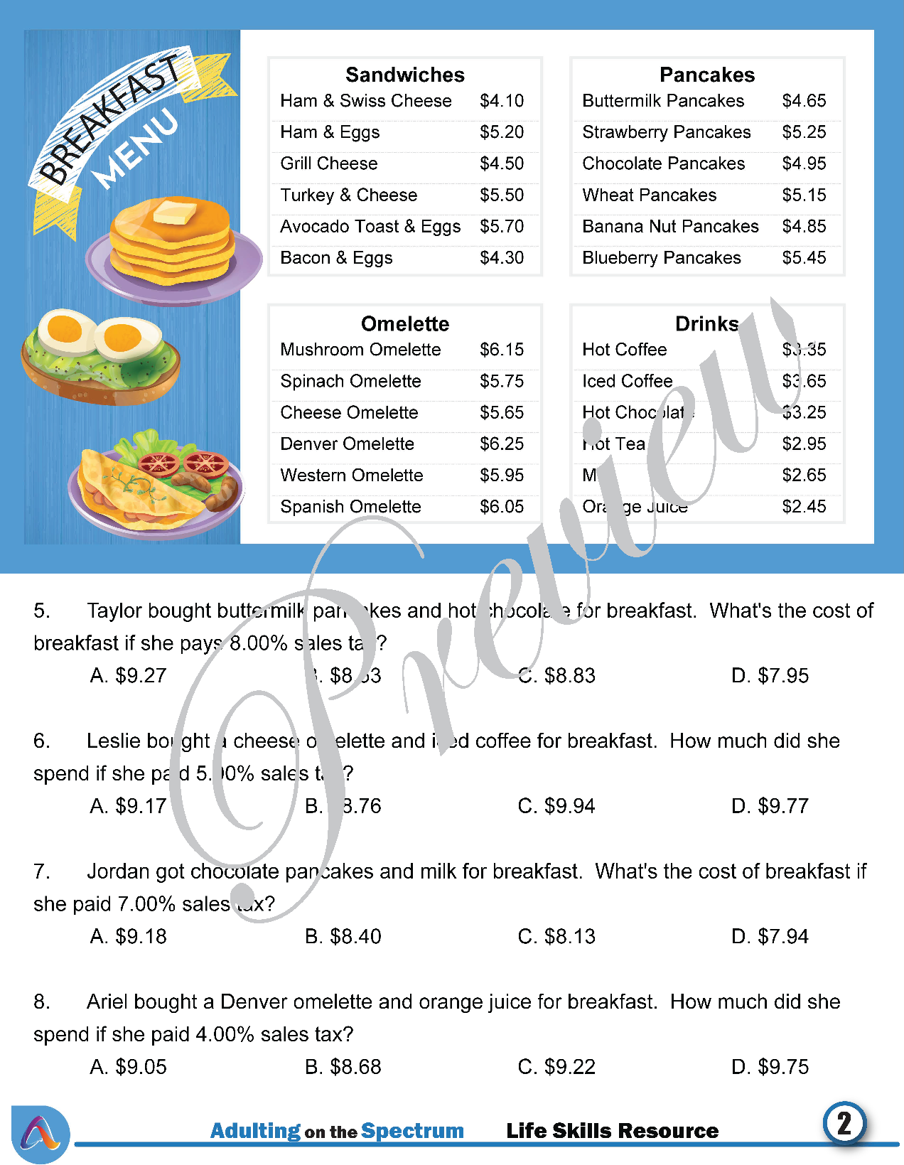Level 2 Reading Menus Money Math No-Prep SPED Independent Living Skills ...