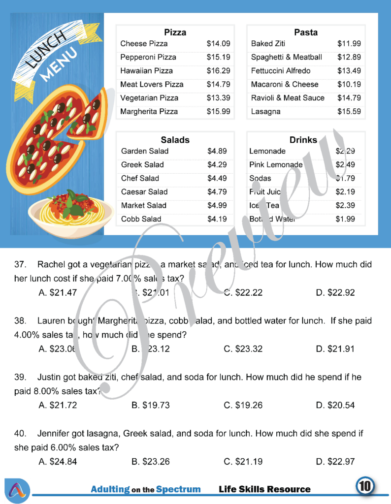 Level 2 Reading Menus Money Math No-Prep SPED Independent Living Skills ...