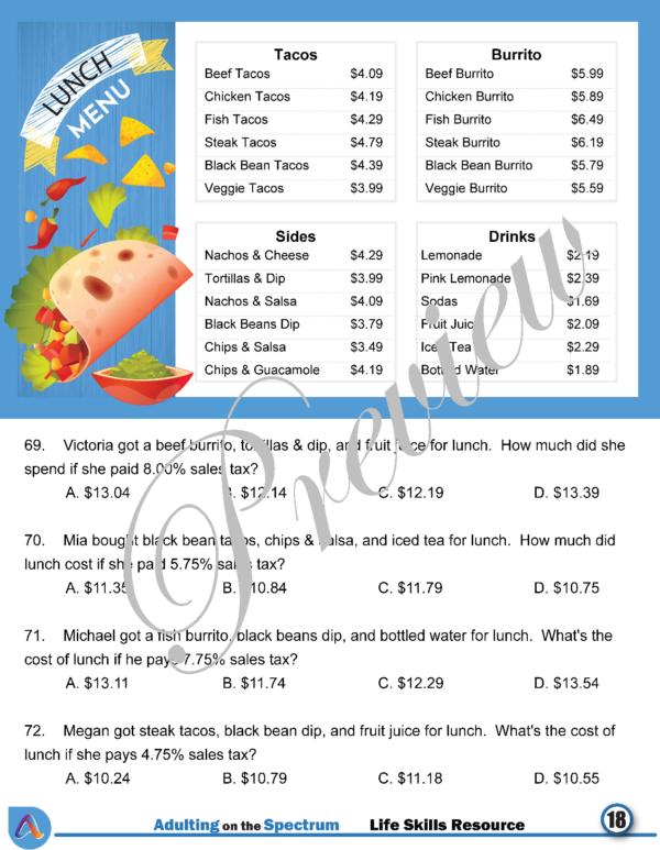 Level 2 Reading Menus Money Math No-Prep SPED Independent Living Skills ...