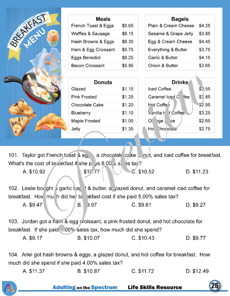 Level 2 Reading Menus Money Math No-Prep SPED Independent Living Skills ...