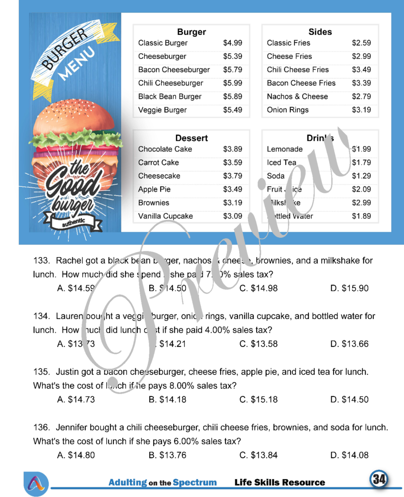 Level 2 Reading Menus Money Math No-Prep SPED Independent Living Skills ...