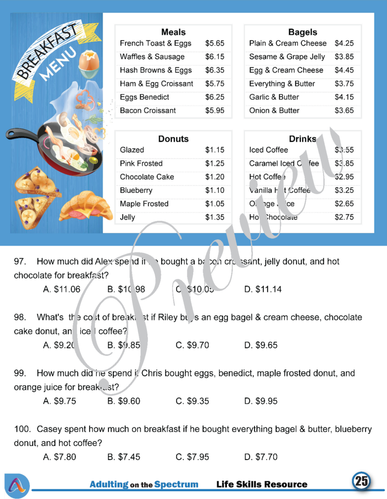 Level 1 Reading Menus Money Math No-Prep SPED Independent Living Skills ...