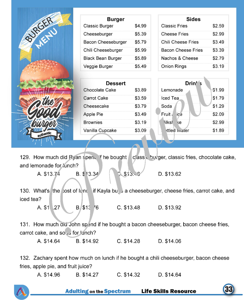 Level 1 Reading Menus Money Math No-Prep Independent Living Skills ...