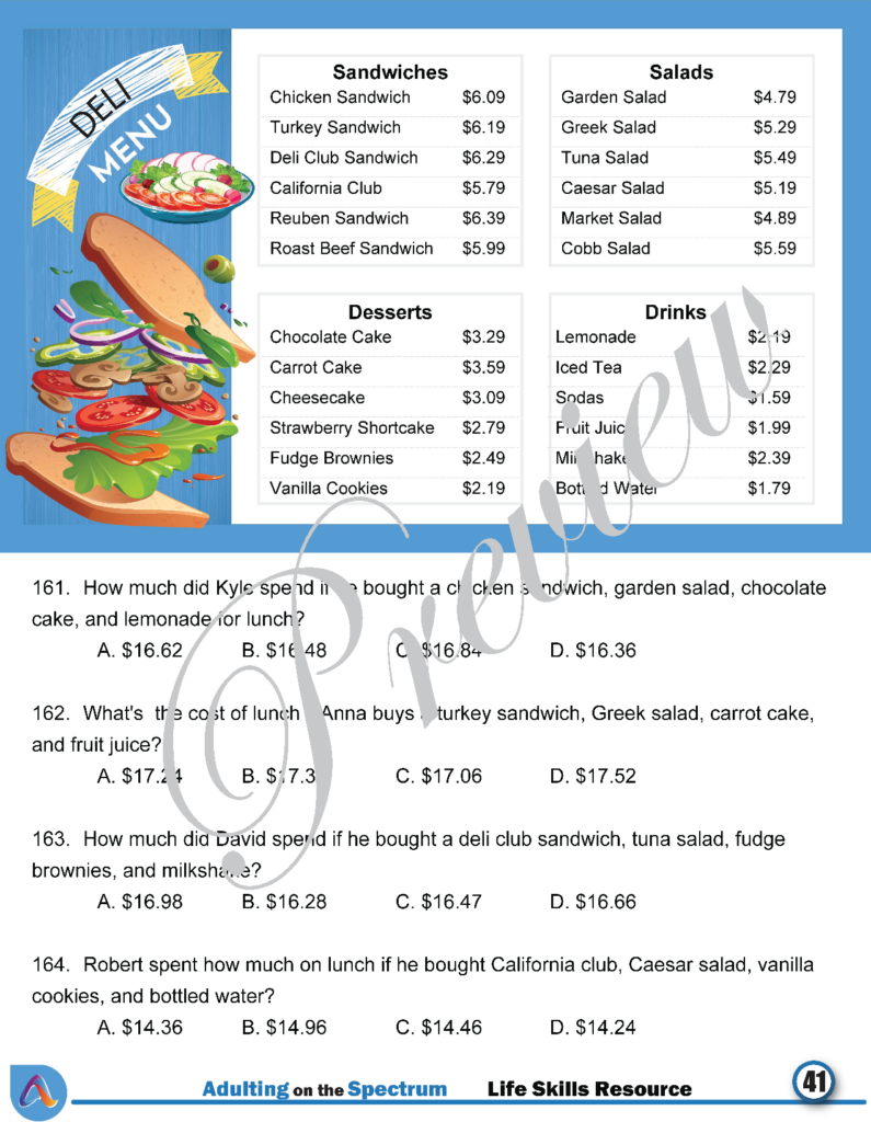 Level 1 Reading Menus Money Math No-Prep SPED Independent Living Skills ...