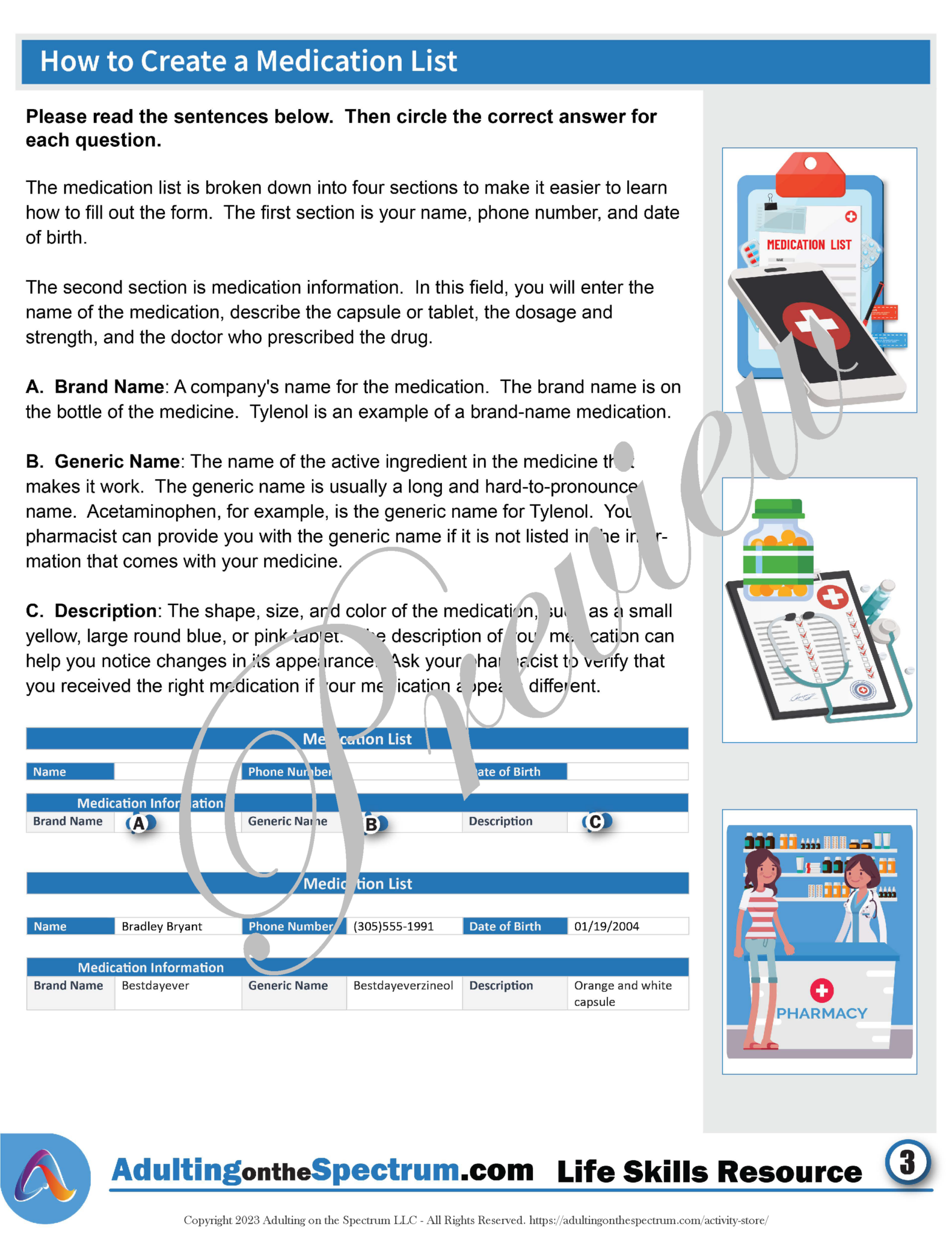 Practical Life Skills Activity - How to Create a Medication List | Made ...
