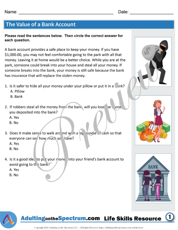 The Value of a Bank Account No-Prep Independent Living Skills Activity ...