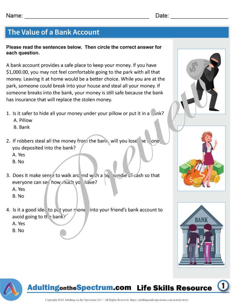 The Value of a Bank Account No-Prep Independent Living Skills Activity ...