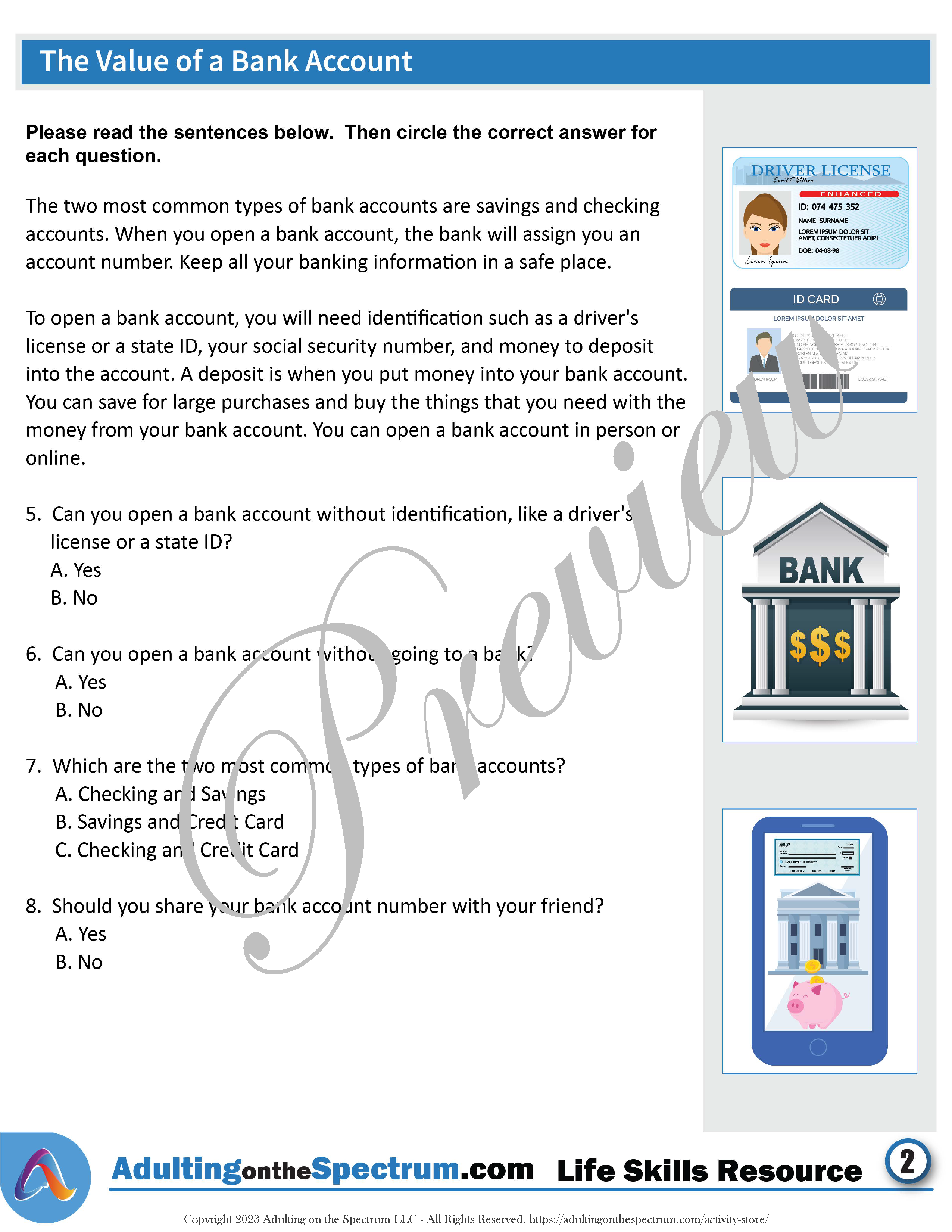 The Value of a Bank Account SPED No-Prep Independent Living Skills ...