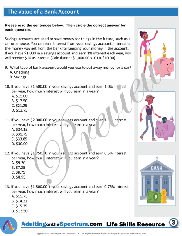 The Value of a Bank Account No-Prep Independent Living Skills Activity ...