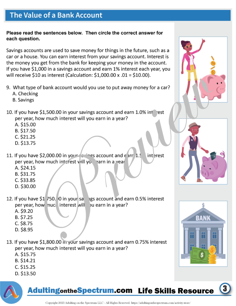Money Management Life Skills Activity - The Value of a Bank Account ...