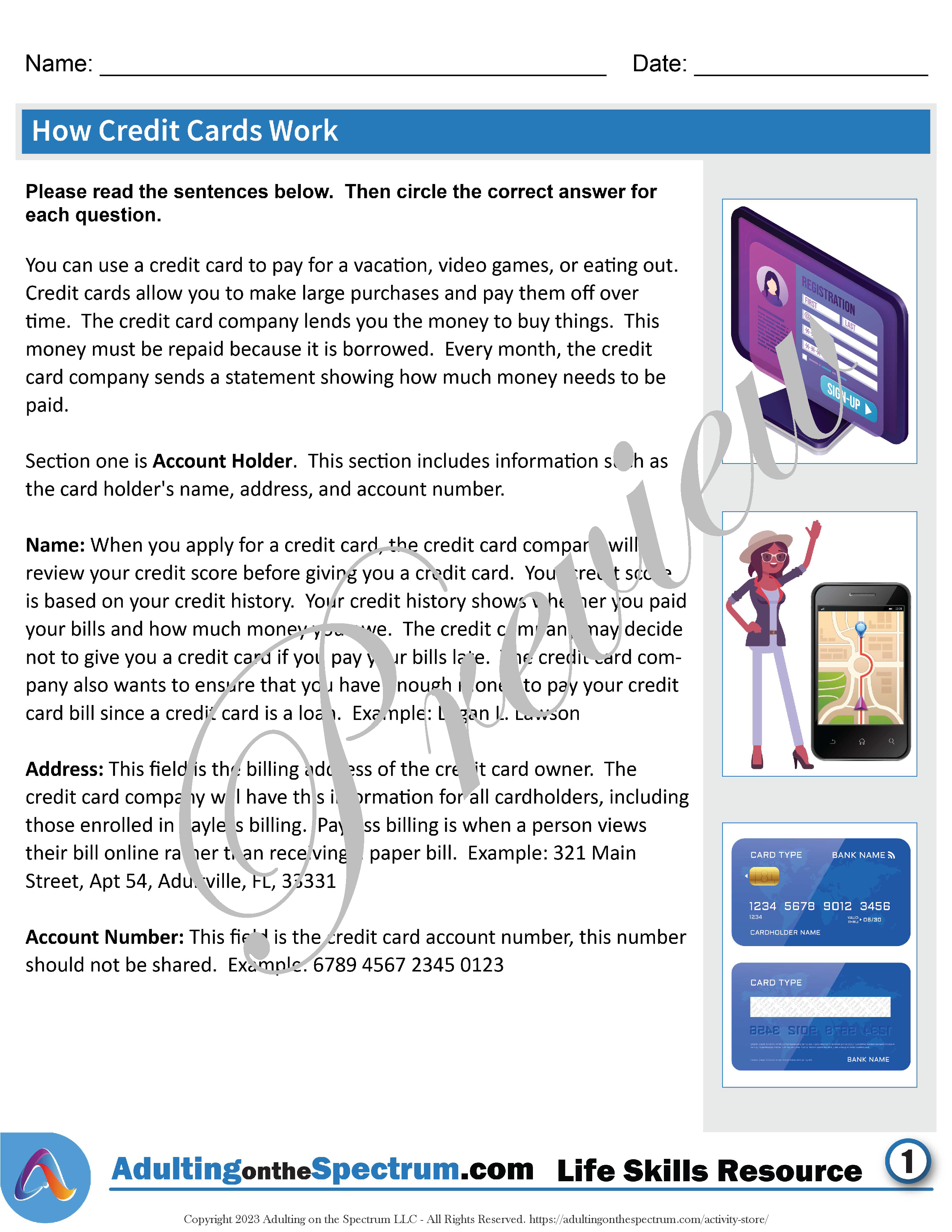 How Credit Cards Work No-Prep SPED Independent Living Skills Activity ...