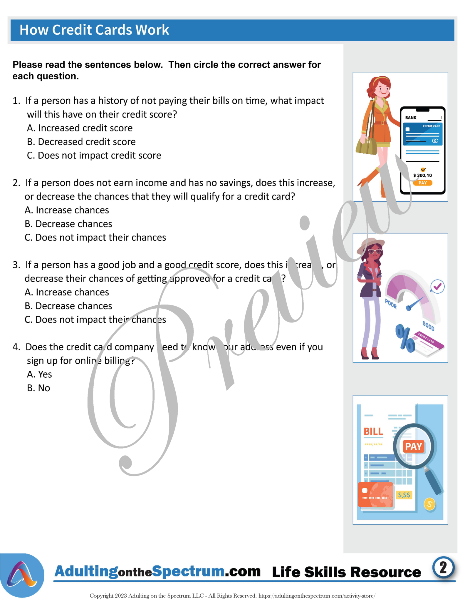 How Credit Cards Work No-Prep Independent Living Skills Activity for ...