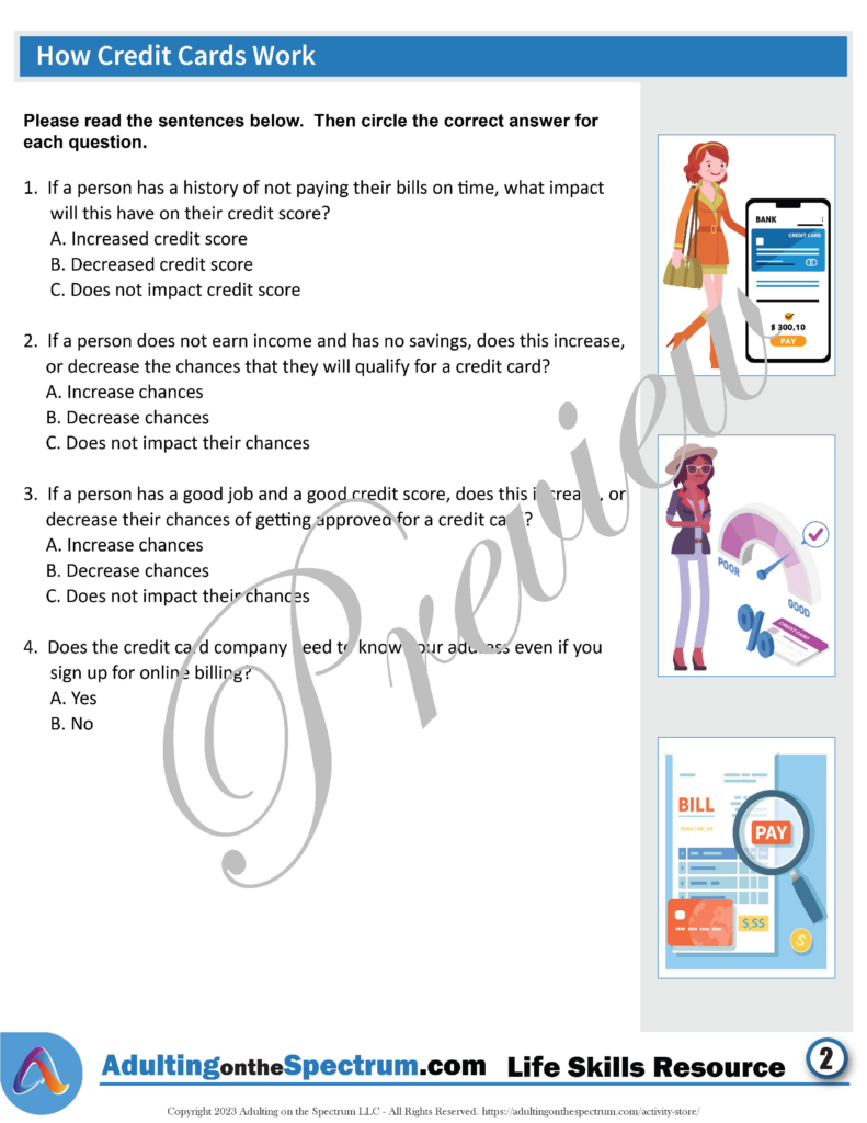 How Credit Cards Work No-Prep SPED Independent Living Skills Activity ...